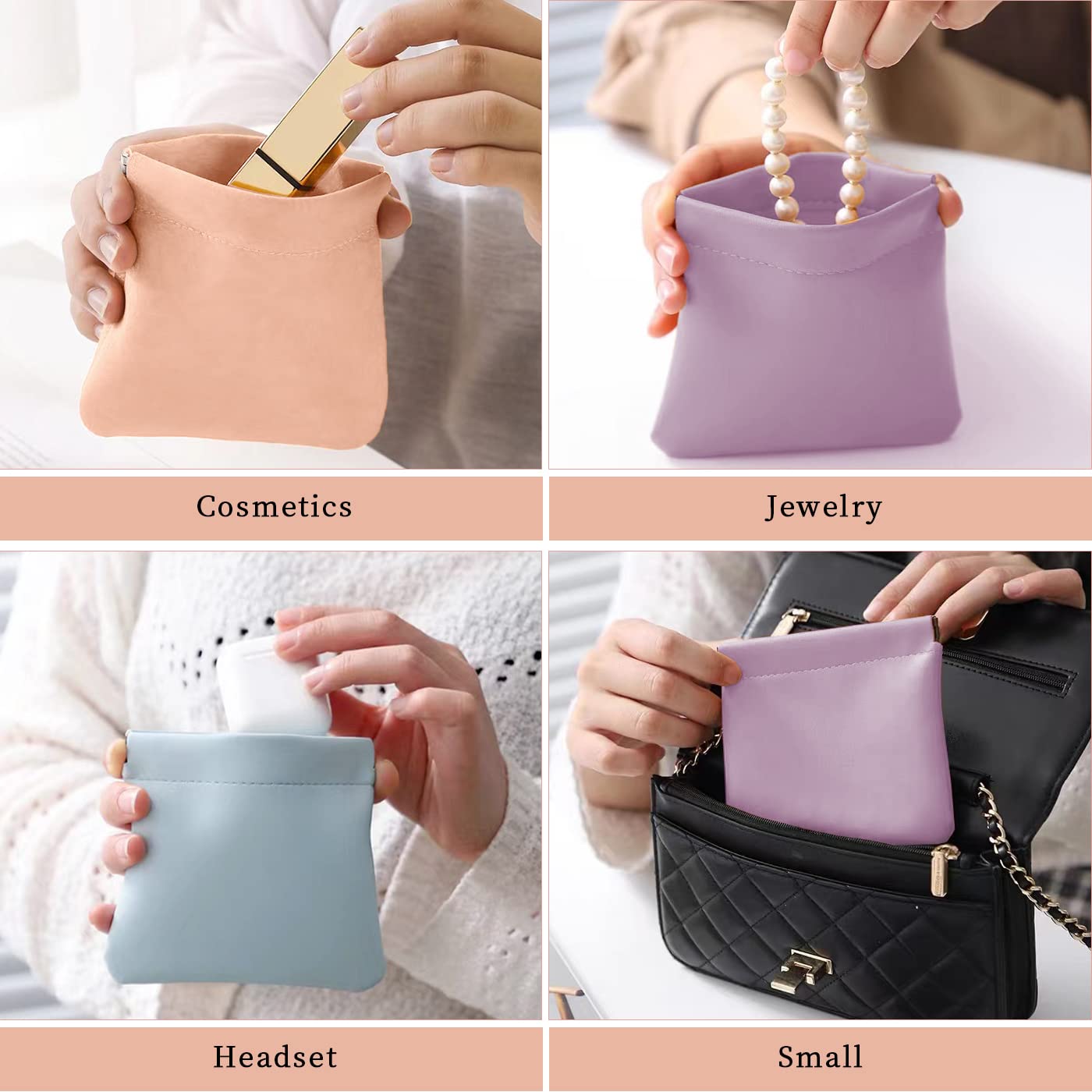 3Pcs Pouchic - Personalized Snap Closure Leather Organizer Pouch, Pocket Cosmetic Bag Squeeze Top, Self Closing Makeup Pouch, Waterproof Portable Small Bag, Women Mini Travel Bag