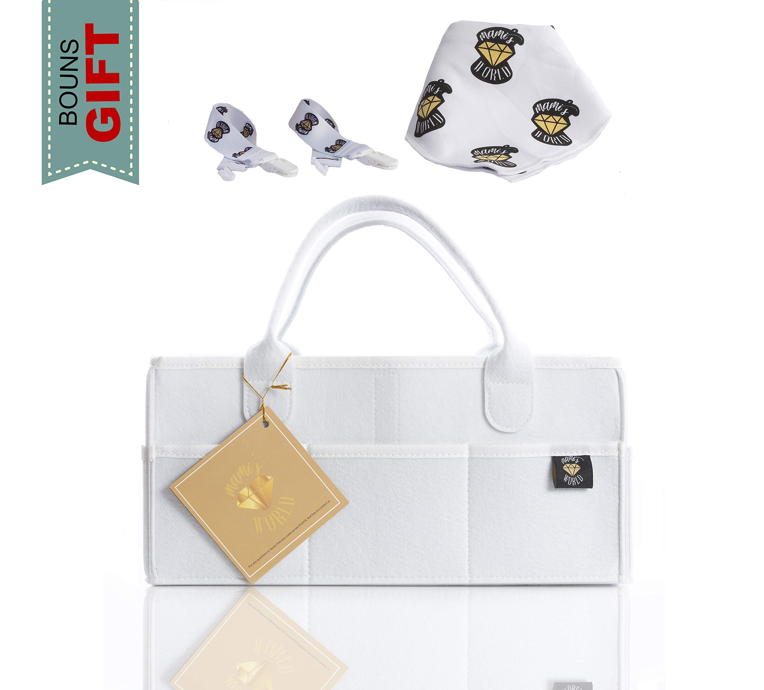 Mami's World: Baby Diaper Caddy Organizer; Portable Bag Holder for car & Changing Table; Essential Storage Bins for Nurseries with Gifts- 2 Pacifier Clips & 2 Bibs