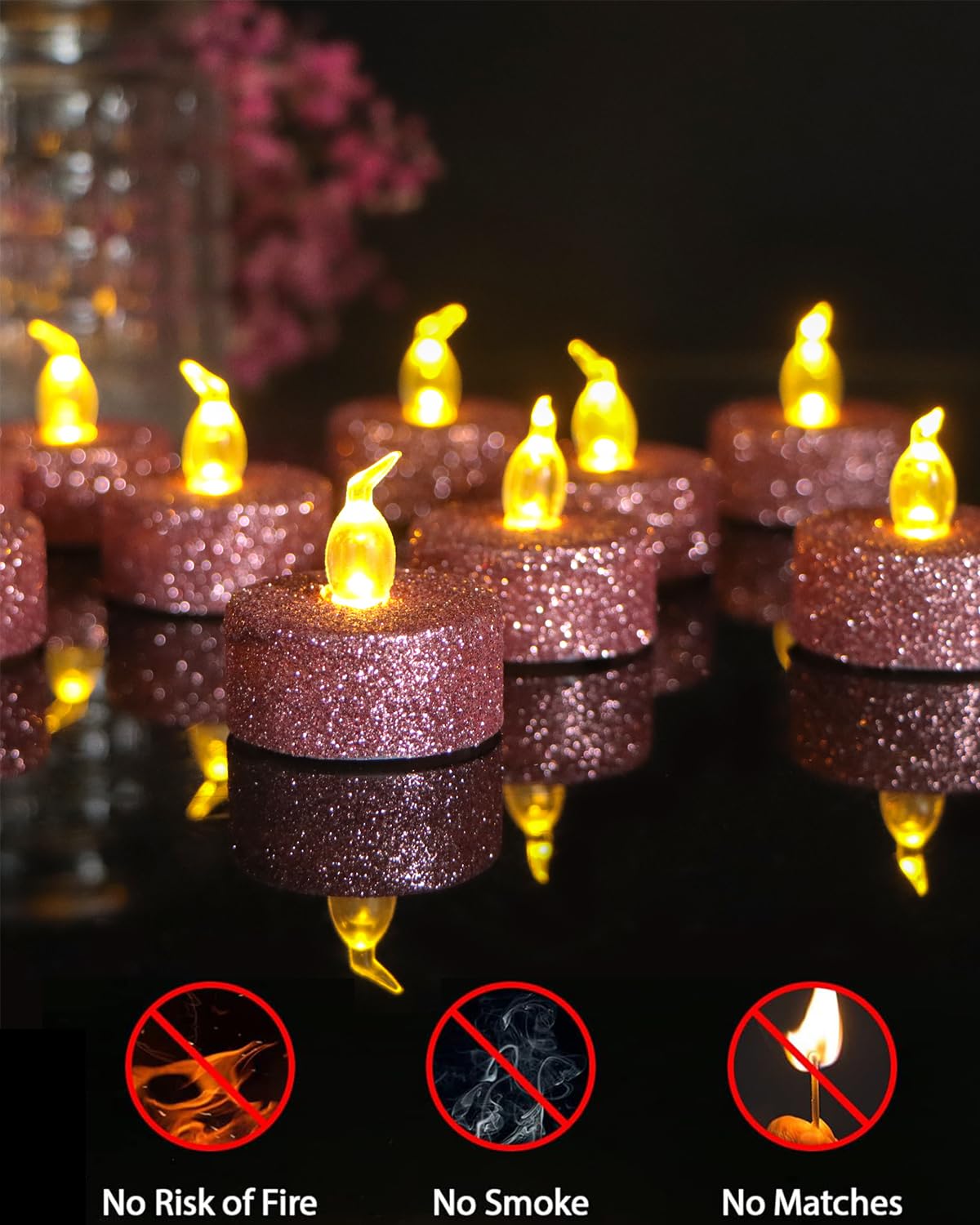 Finecombuy Rose Gold Candles Battery Operated,Glitter Tea Lights with Timer,Flameless Flickering Tealight Led Votive Candles for Home Decor,Wedding,Anniversary