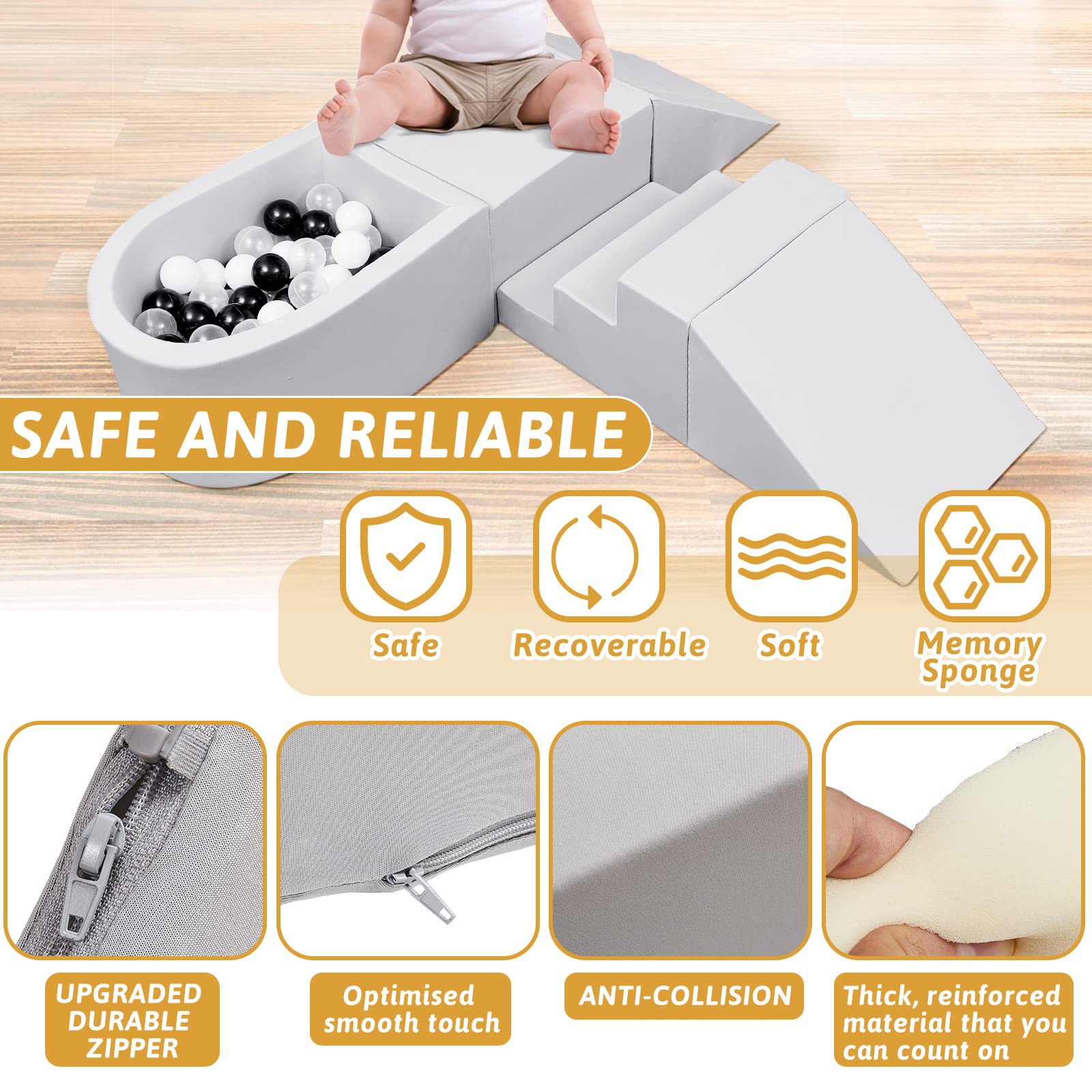 6 Pcs Safe Soft Foam Play Set Includes Single-Tunnel Foam Climber and Memory Foam Ball Pool for Toddlers Kids Children Indoor Active Climbing Crawling and Playing, 2.76 inch 100 Balls Included(Grey)