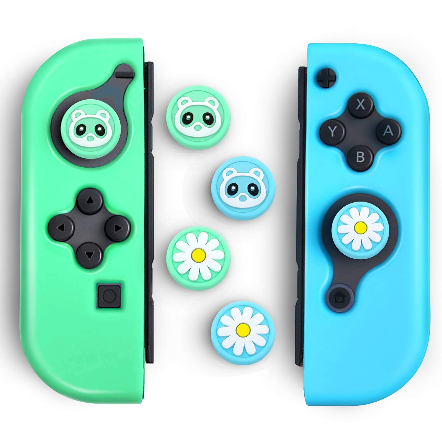 6amLifestyle 4 Pack Thumb Grip Caps with 2 Pack JoyCon Silicone Cover for Nintendo Switch, Blue& Green Joy-Con Controller Gel Guards with Raccoon Flower Cute Joystick Caps