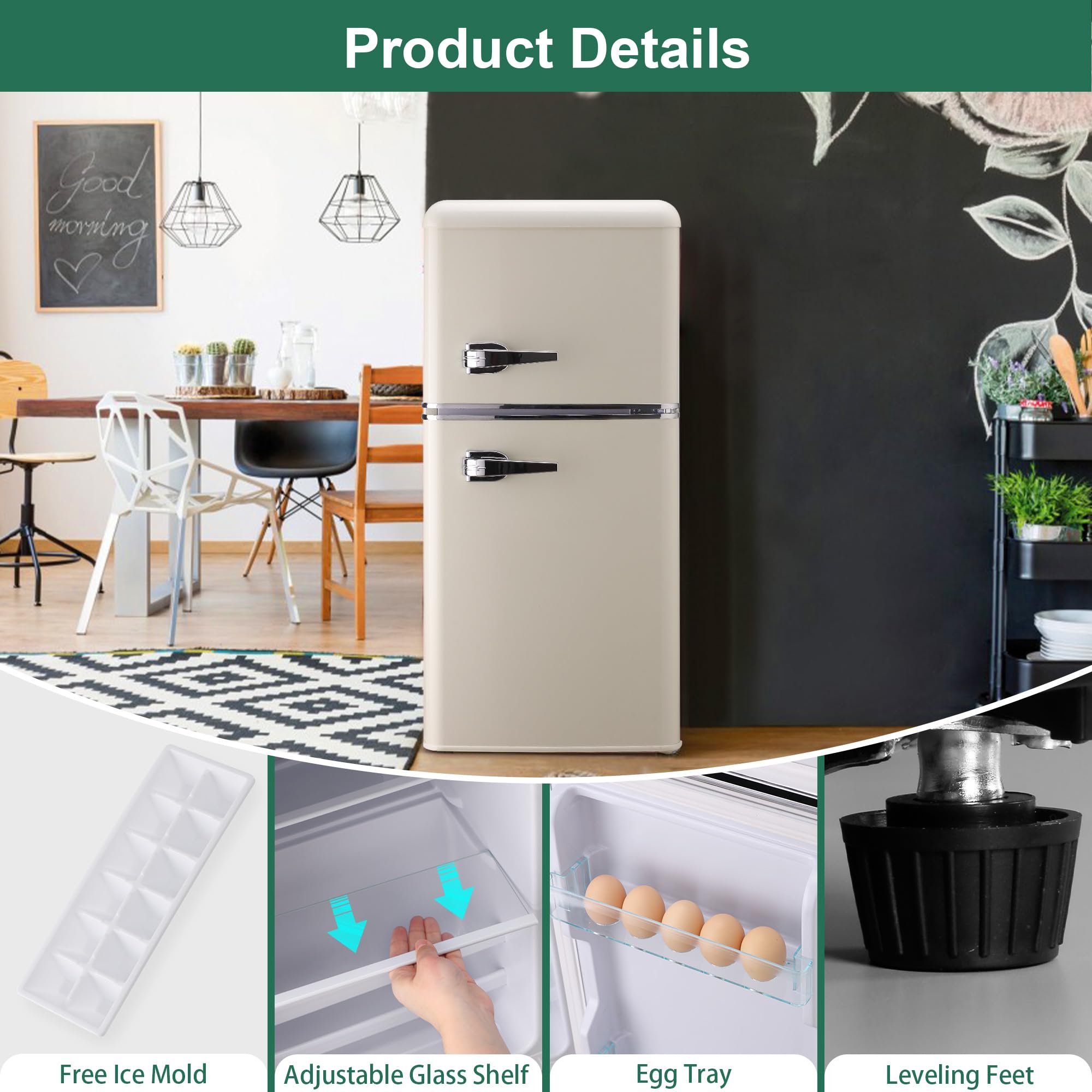 rosmena Retro Mini Refrigerator with Freezer, Retro Mini Fridge 2-Door Compact Refrigerator Freezer 3.5 Cu. Ft. Retro Mini Fridge with Adjustable Thermostat & Shelves for Kitchen,Dorm,Office(Cream)
