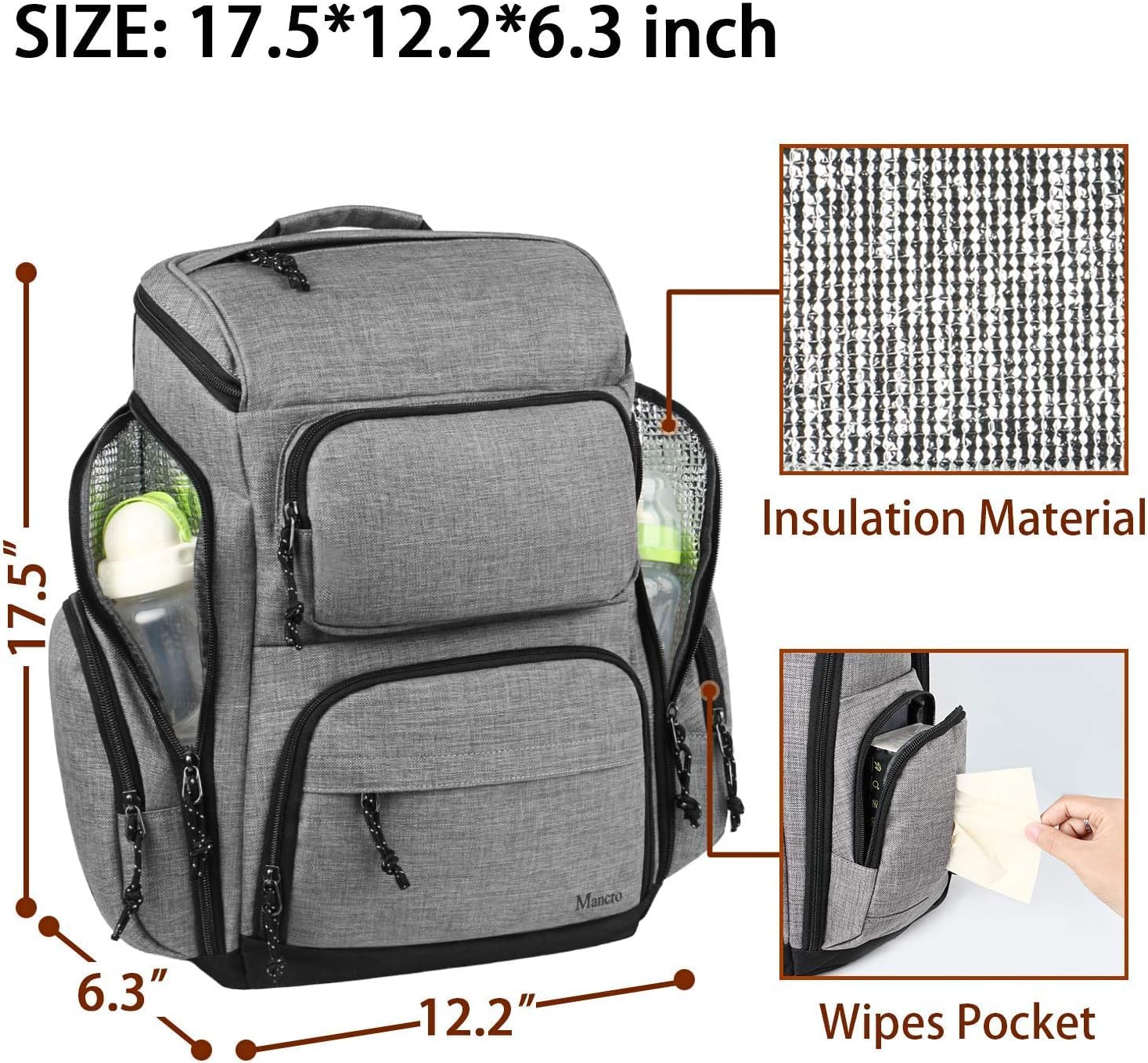 Mancro Diaper Bag Backpack, Multifunctional Travel Dad Diaper Bag with Insulated Pockets, Large Capacity Baby Diaper Backpack for Men and Women with Laptop Pocket and Stroller Straps, Grey