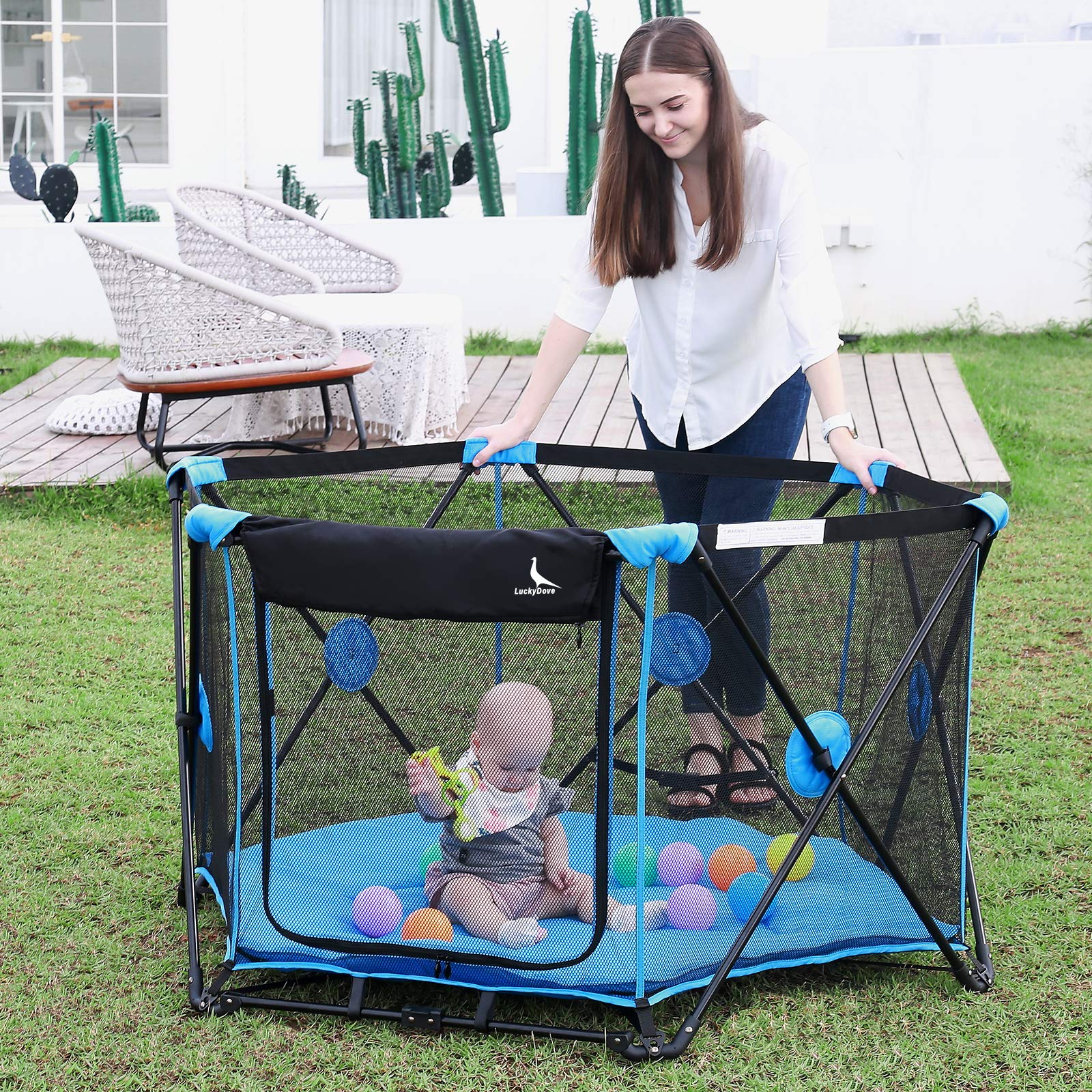 LuckyDove Portable Playpen for Innfants and Toddlers,Portable Play Yard for Baby with Padded Floor,Kids Activity Centre,Baby PlayPen with Carrying Bag,Washable,Foldable.Size:53"Wx 30"H(Blue)