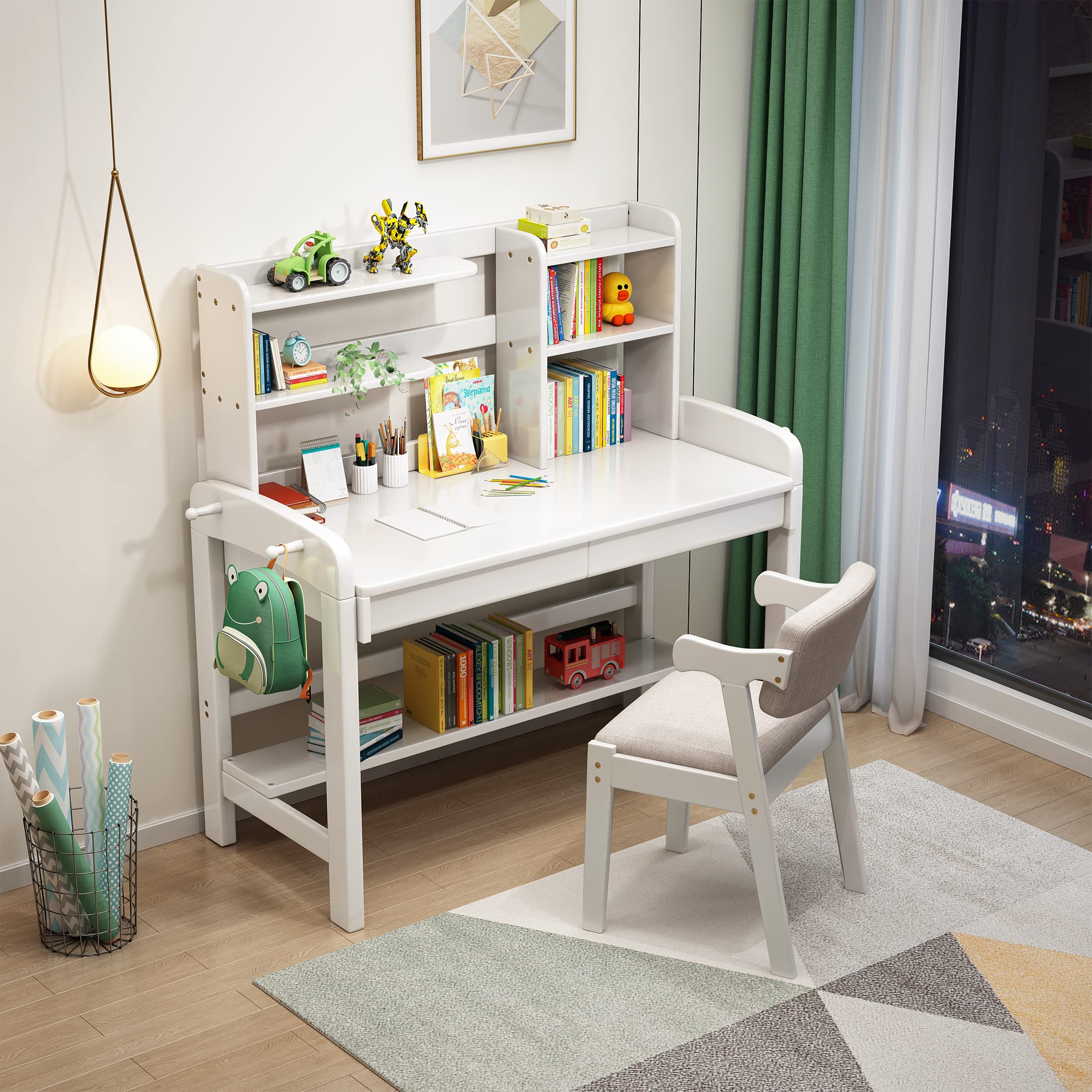 BALANBO Kids Table Kids Desk and Chair Set with Drawer and Bookshelf Wooden Children’s Media Desk Student's Study Computer Workstation and Writing Table (Brown)