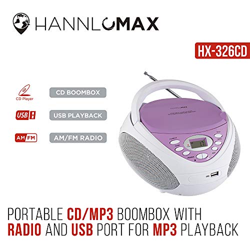 HANNLOMAX HX-326CD Portable CD/MP3 Boombox, AM/FM Radio, USB Port for MP3 Playback, Aux-in, LCD Display, AC/DC Dual Power Source. (White)