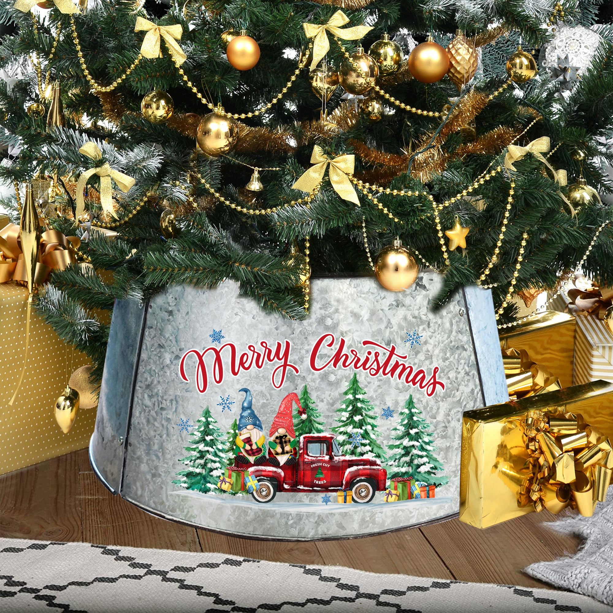 29-Inch Red Metal Christmas Tree Collar - Galvanized Base for Artificial Trees