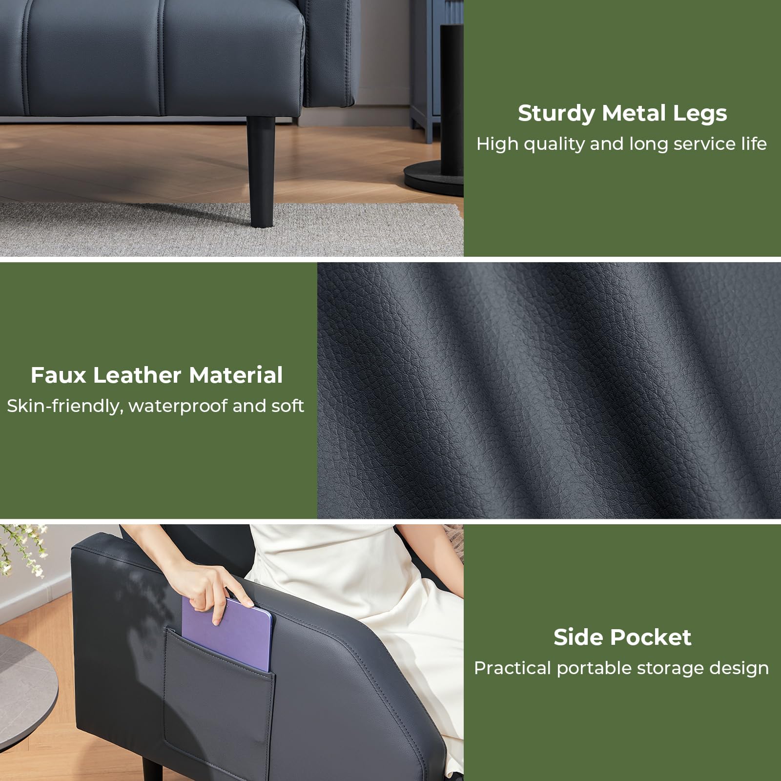 COPIAE Leather Futon Sofa Bed Couch, Piano Key Design 78β Faux Leather Sofa, Adjustable Backrest, Sleeper Sofa Couch, Modern Decor Love Seat Couches, Upholstered Loveseat for Living Room, Grey