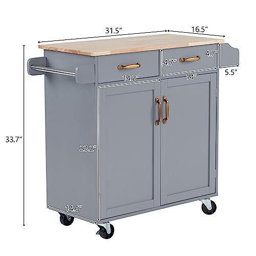 APDYNE Two Door Two Roll Out Kitchen Cart and Storage Cabinet, Rubber Wood Gray Paint Dining Car 99.5 * 40 * 85.5cm, Towel Rack, Adjustable Rack, and Lockable Wheels