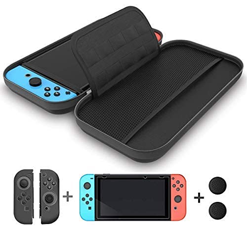 4 in 1 Carrying Case and Accessories Compatible with Nintendo Switch Console - GH Switch Hard Carry Case Black x1, Screen Protector Tempered Glass x1, JoyCon Controller Cover x2, Joystick Covers x2