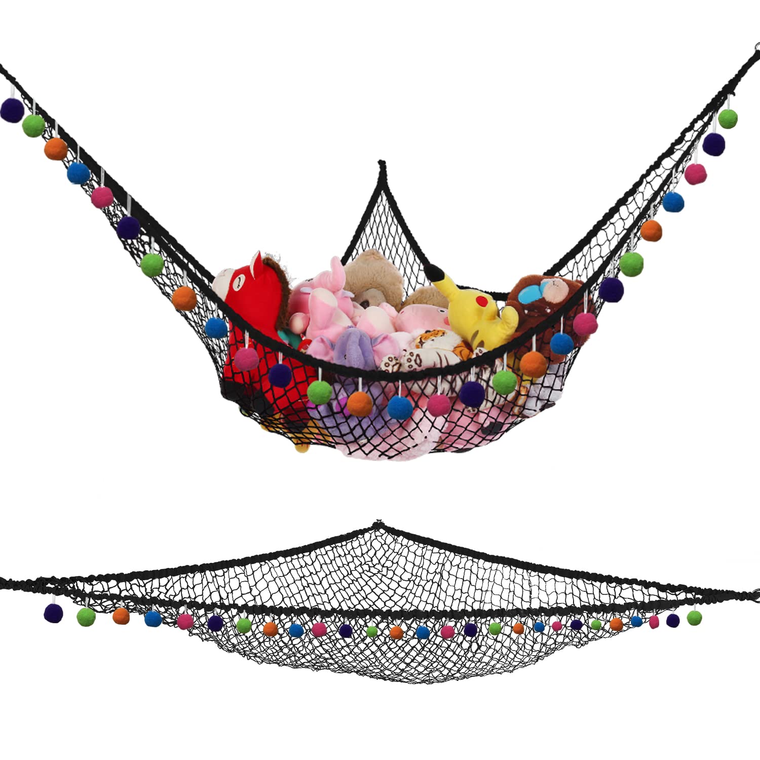 Net for Stuffed Animals, Meirenda Stuffed Animal Hammock or Net Jumbo Stuffed Toy Net Storage Organizer Kids Sling Corner Wall Mesh Toy Hammock for Stuffed Animals with Balls(Black, 70 inch)