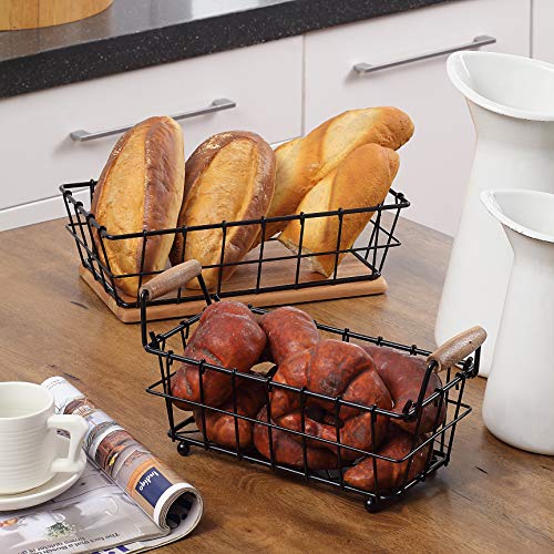 SunnyPoint 2-Tier Rectangle Countertop Fruit, Bread Wire Basket (Black, Metal + Wood base)