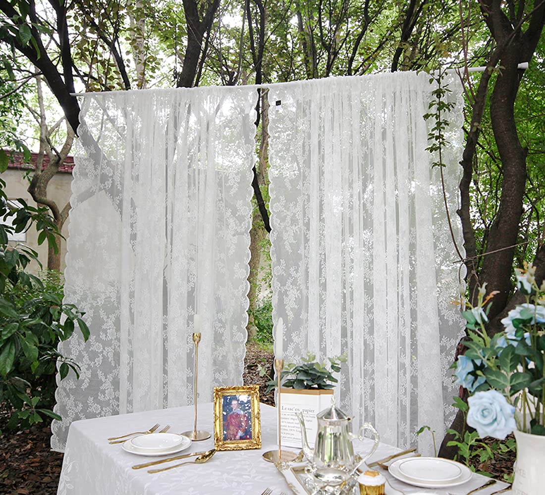 Aspthoyu White Net Curtains 2 Pcs Patterned Voile Curtains Lace Curtain for Windows, Curtain Panels with 2 Ties for Decorate Home Garden Party Wedding, W150cm x H180cm