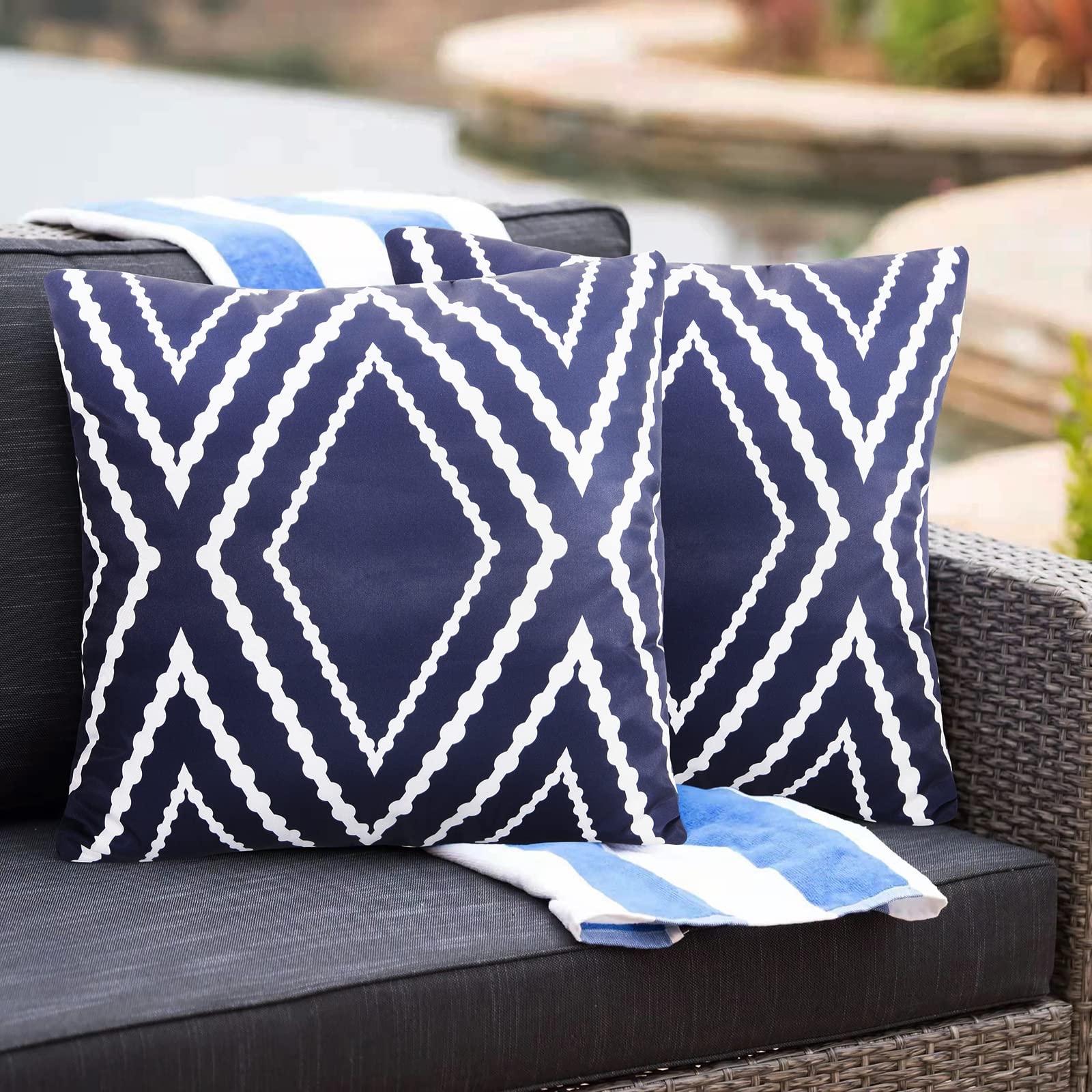Adabana Outdoor Waterproof Boho Throw Pillow Covers Geometric Pillow Cases for Patio Garden Set of 2, 18 X 18 Inches Navy Blue