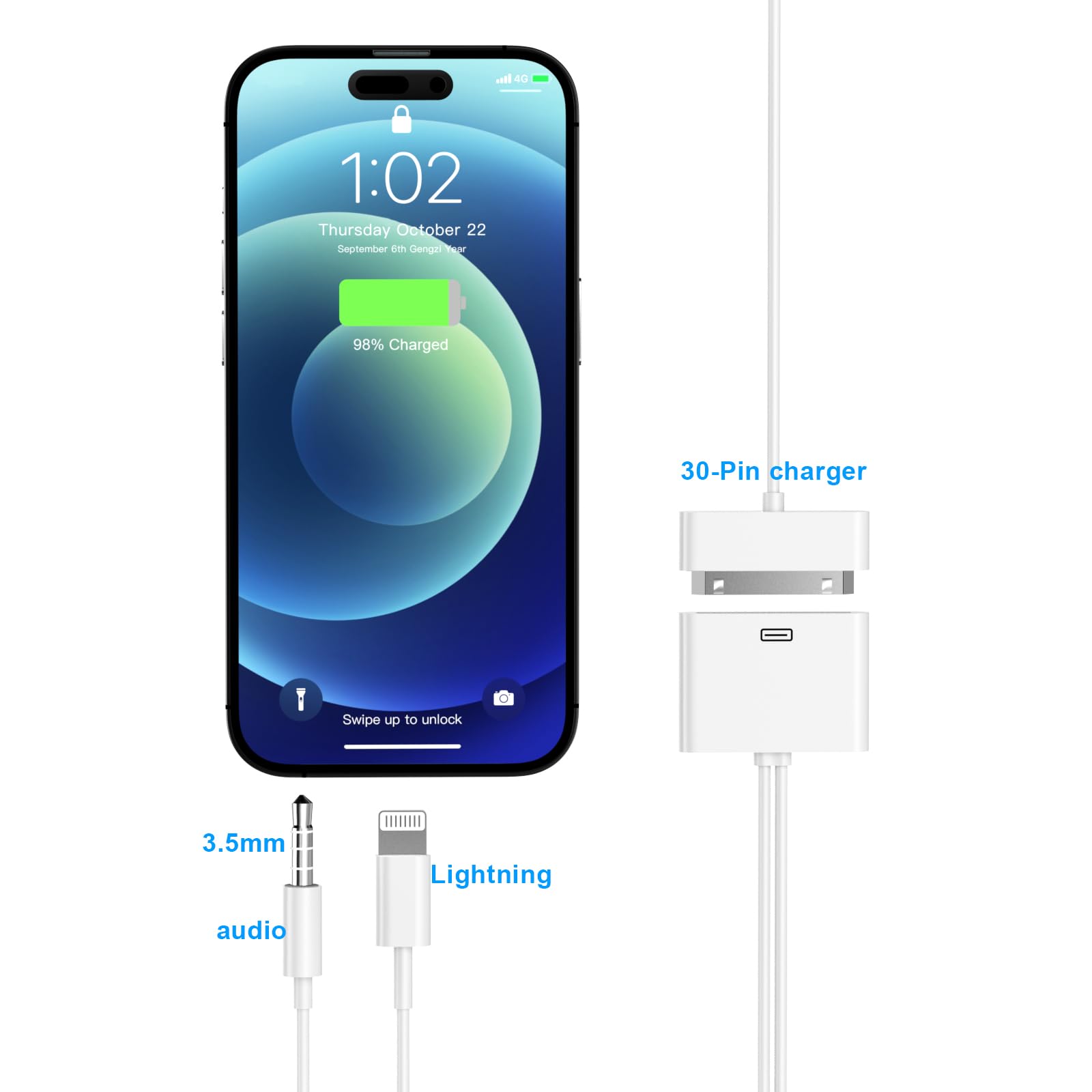 Belcompany Lightning to 30 Pin Cable for iPhone with 3.5mm AUX Audio Port