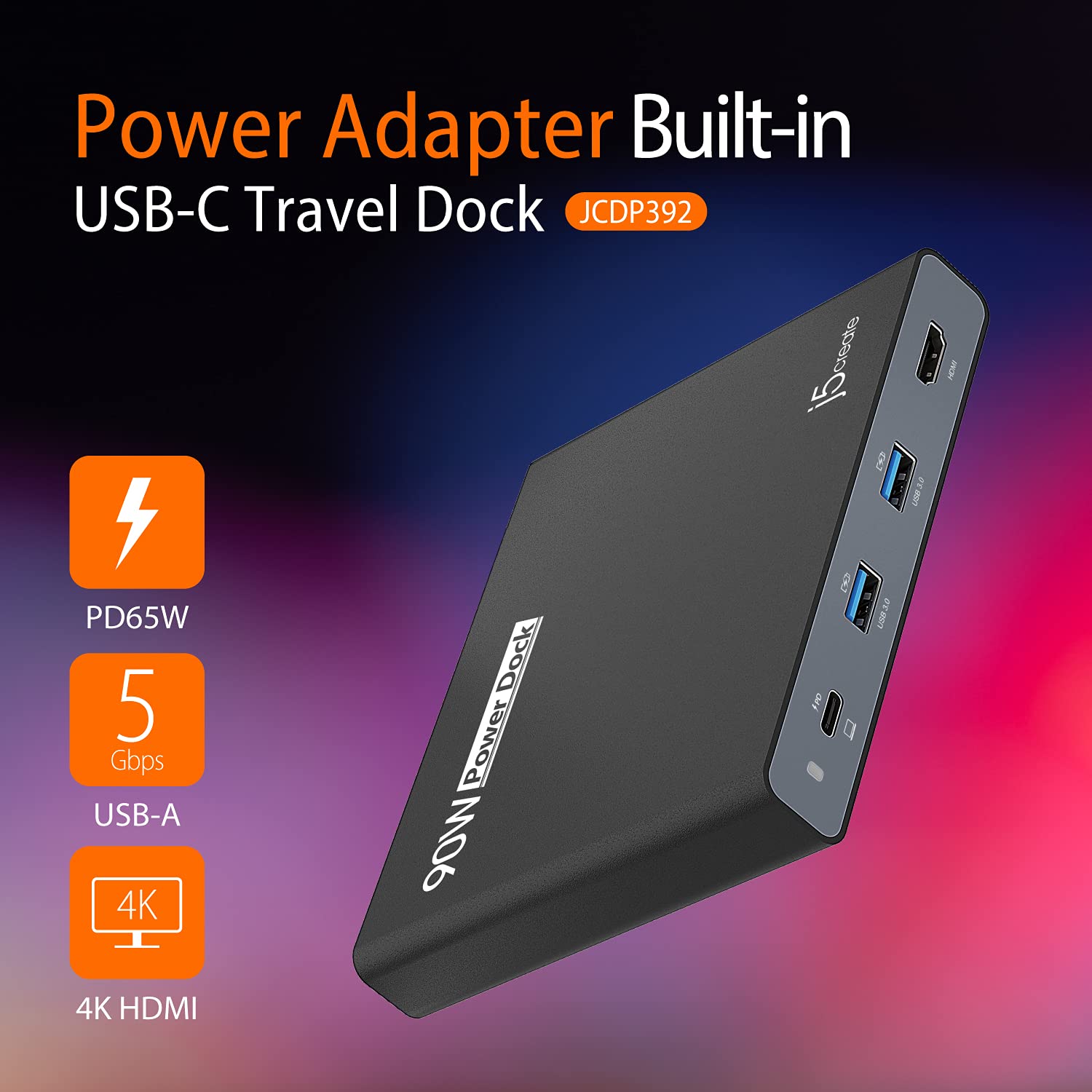 j5create USB-C Travel Dock with PD 65W Power Supply - for Travel or Business Trip - Charging Adapter Hub with 4K HDMI, USB-A x 2 - for MacBook Air/Pro 13, Surface Pro, and USB-C Laptop (JCDP392)