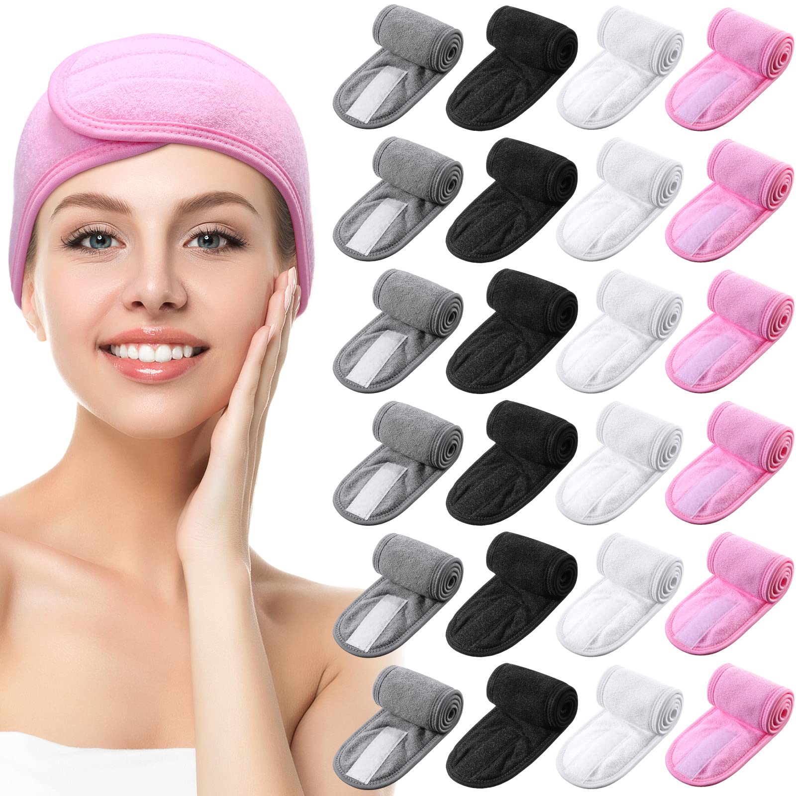 24 Pcs Spa Headband Bulk Makeup Facial Headband for Washing Face, Terry Cloth Headband Head Wraps for Facials, Adjustable Stretch Towel with Hook and Loop Non Slip, White, Pink, Grey, Black