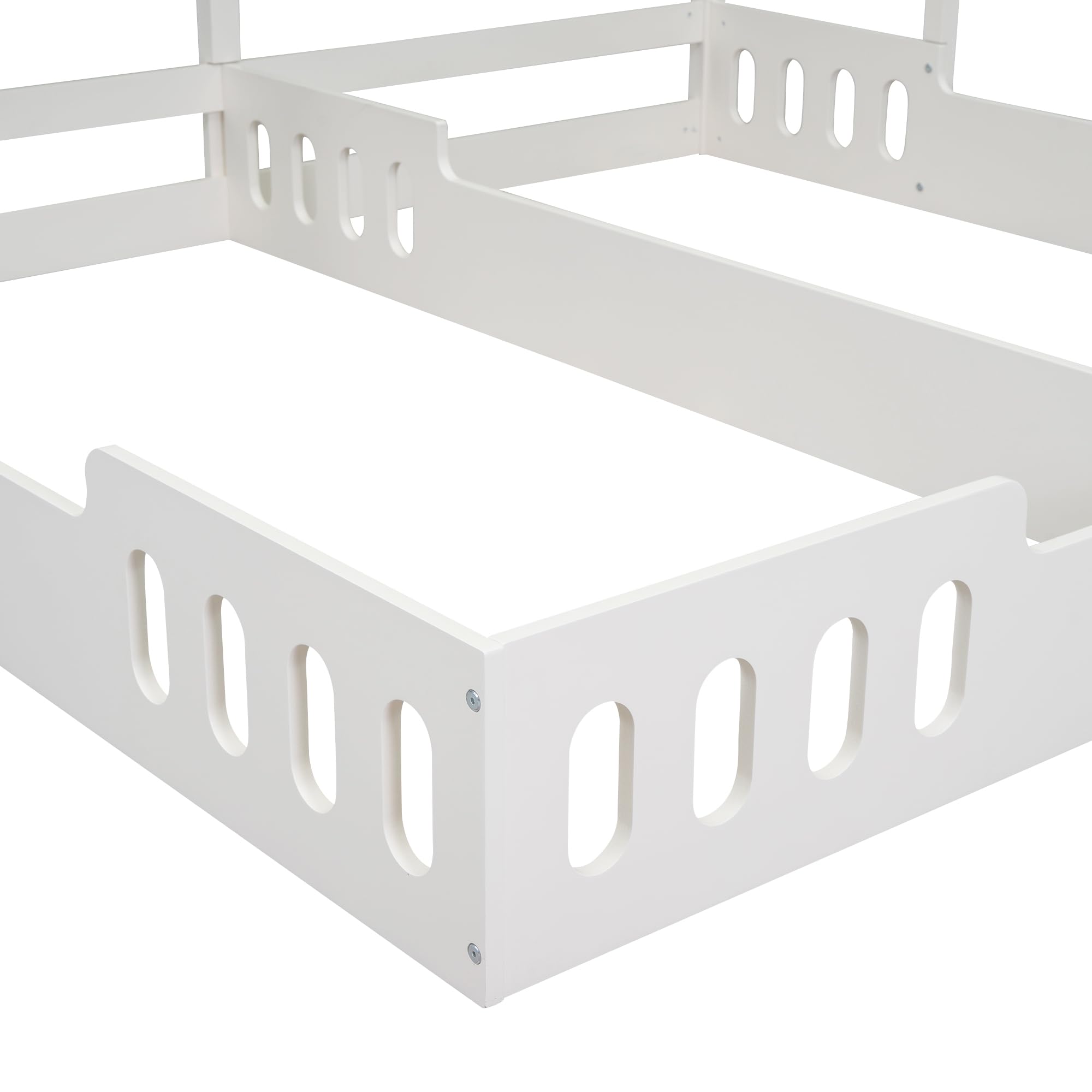 Harper & Bright Designs Twin House Bed for Kids,Wood Double Twin Beds Frame with Shelves and Guardrail, Monressori Floor Bed Two Shared Beds with Rails for Girls or Boys, Creamy White