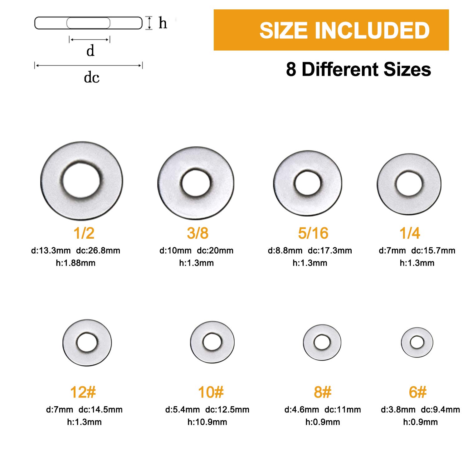 VIGRUE 304 Stainless Steel Flat Washers Assortment Washers Hardware Set 300pieces,8Sizes 1/2" 3/8" 5/16" 1/4" 12# 10# 8# 6#
