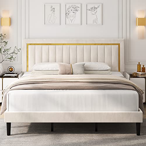 HITHOS King Size Bed Frame with Adjustable Tufted Headboard, Velvet Upholstered Platform Bed Frame with Gold Trim, Heavy Duty Mattress Foundation with Steel Frame, Easy-Assembly Slats (Beige, King)