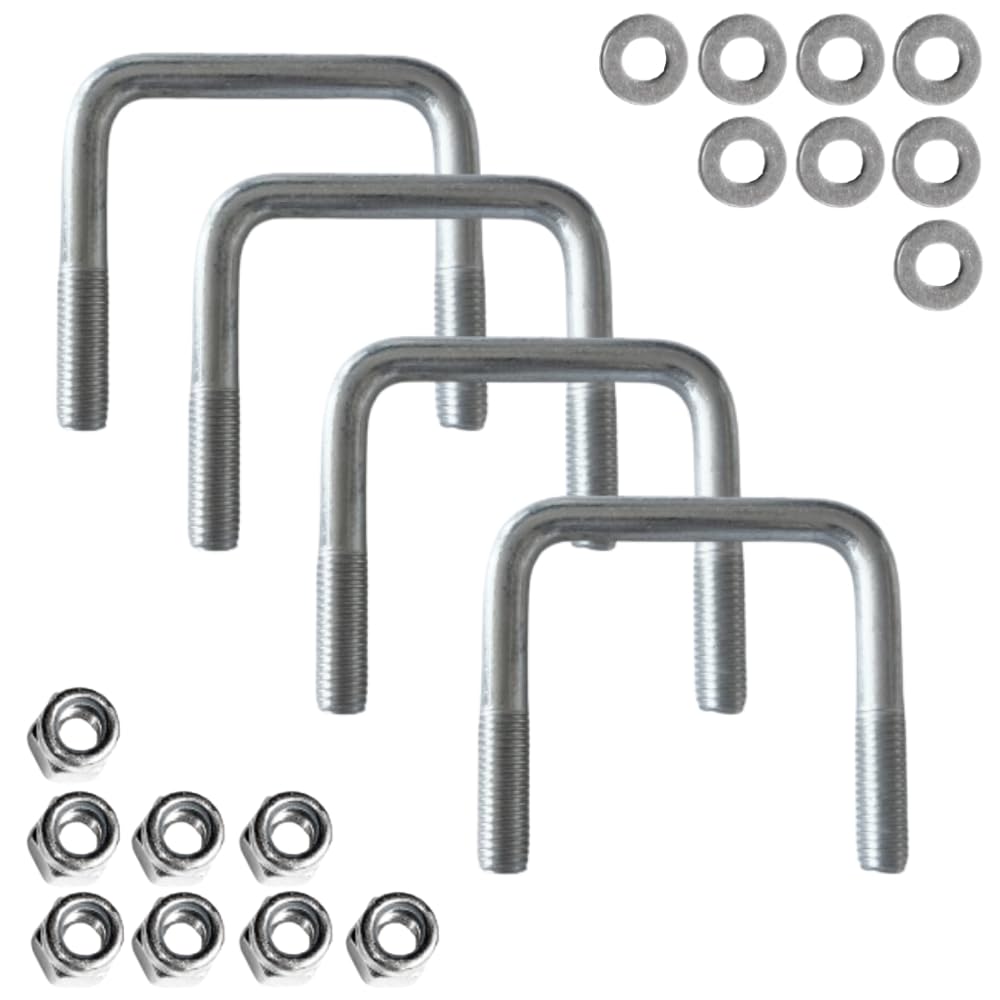 3x2 Inch U-Bolt for ROPS, Rectangular Beams, & More | Alloy Steel Zinc Coated | 1/2" D x 3-1/16" W x 3-1/2" L (D x Inside W x Inside L) | Zinc Coated | 8X Nyloc Nuts, 8X Washers & 4X U-Bolts