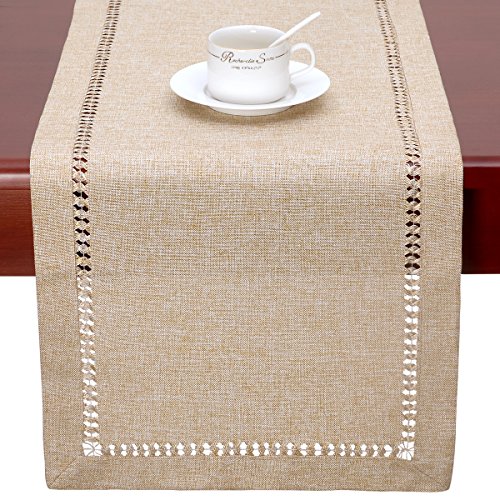 Grelucgo Handmade Hemstitch Beige Table Runner Or Dresser Scarf, Rectangular 14 by 36 Inch