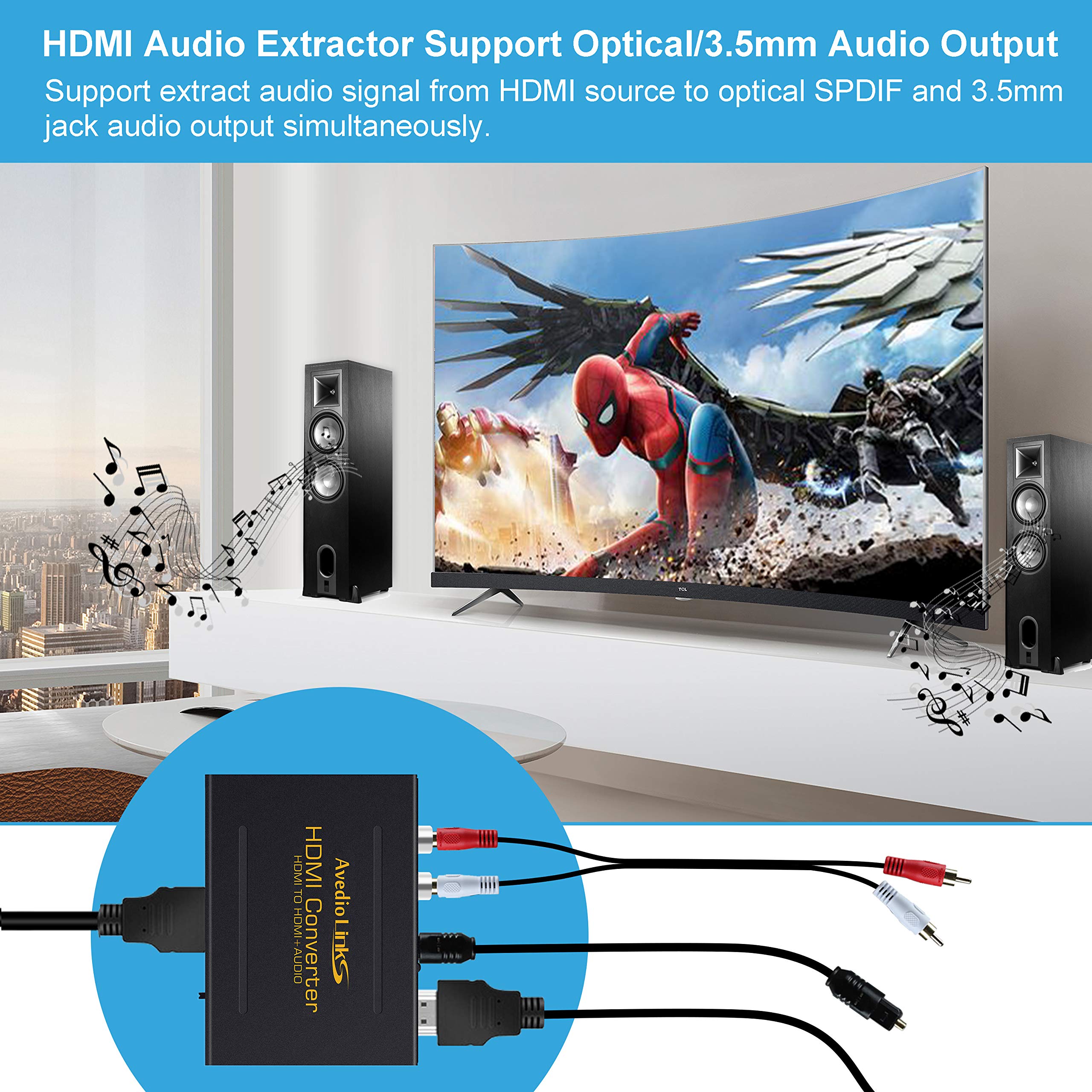 avedio links 4K HDMI Audio Extractor Splitter, 1080P HDMI to HDMI Audio Converter + Optical Toslink SPDIF + L/R Stereo Analog Audio, HDMI Audio Adapter for Fire Stick, Blu-Ray Player (4K 30Hz Black)