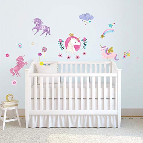 Pastel Magical Unicorn Peel and Stick Wall Art Sticker Decals for Girls Room Nursery Parties