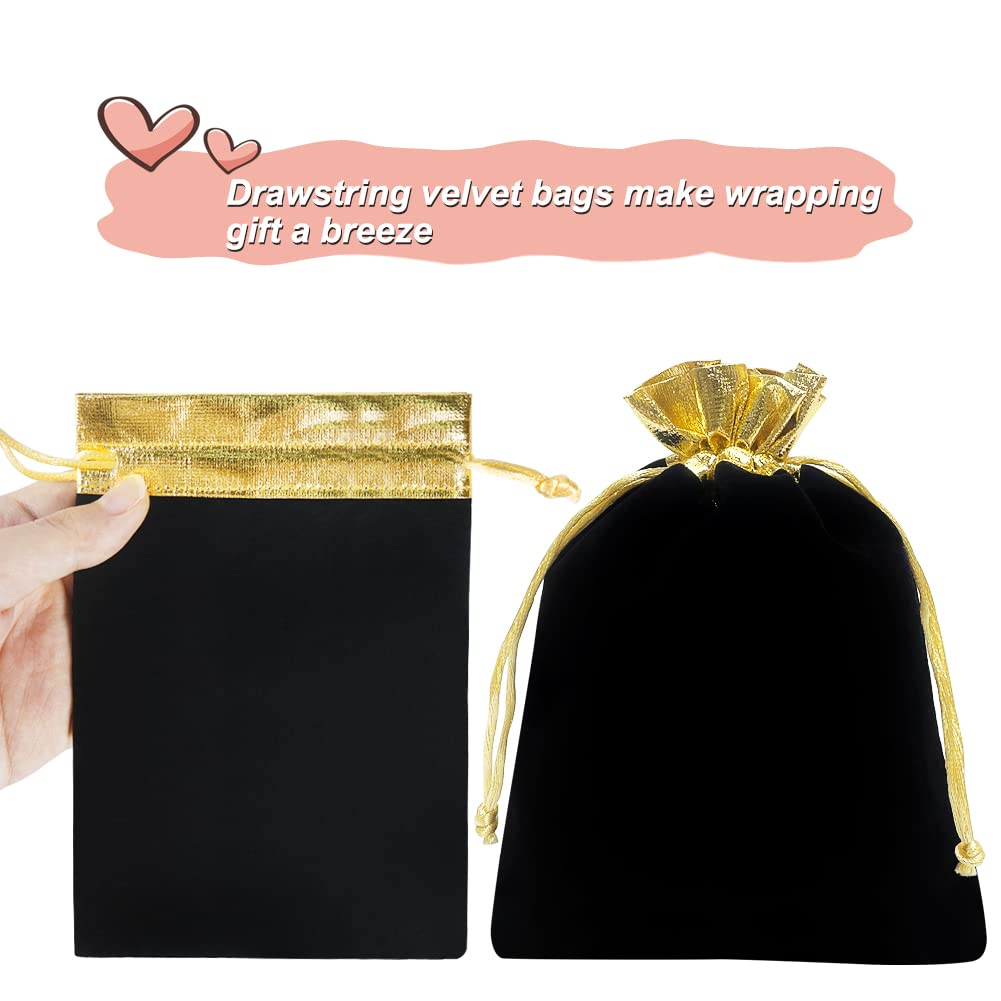 HRX Package 10pcs Velvet Bags with Drawstrings 5x7 inch, Black Gold Cloth Gift Pouches Baggies Sacks for Jewelry Dice Party Favor