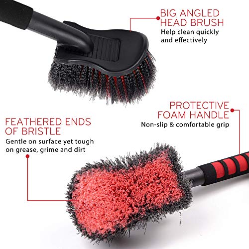 TAKAVU Long Handle Wheel Tire Body Brush, 17.5” Car Wash Brush for Easy Scrubbing, Durable Premium Soft Bristle, Cleans Dirty Tires & Releases Dirt and Road Grime