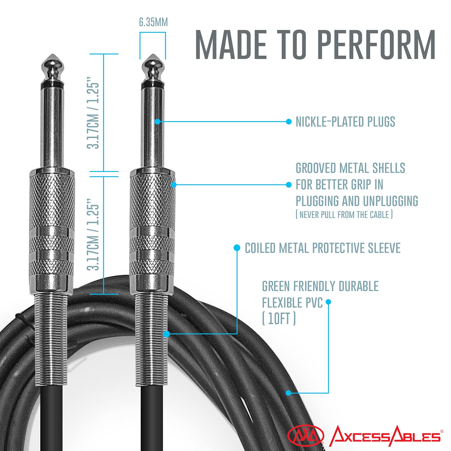 AxcessAbles 1/4 Inch to 1/4 Inch TS Guitar Audio Cable- 10ft | 6.35mm Instrument Cable | Amp Cable for Guitar | Unbalanced 1/4 Patch Cord-10ft
