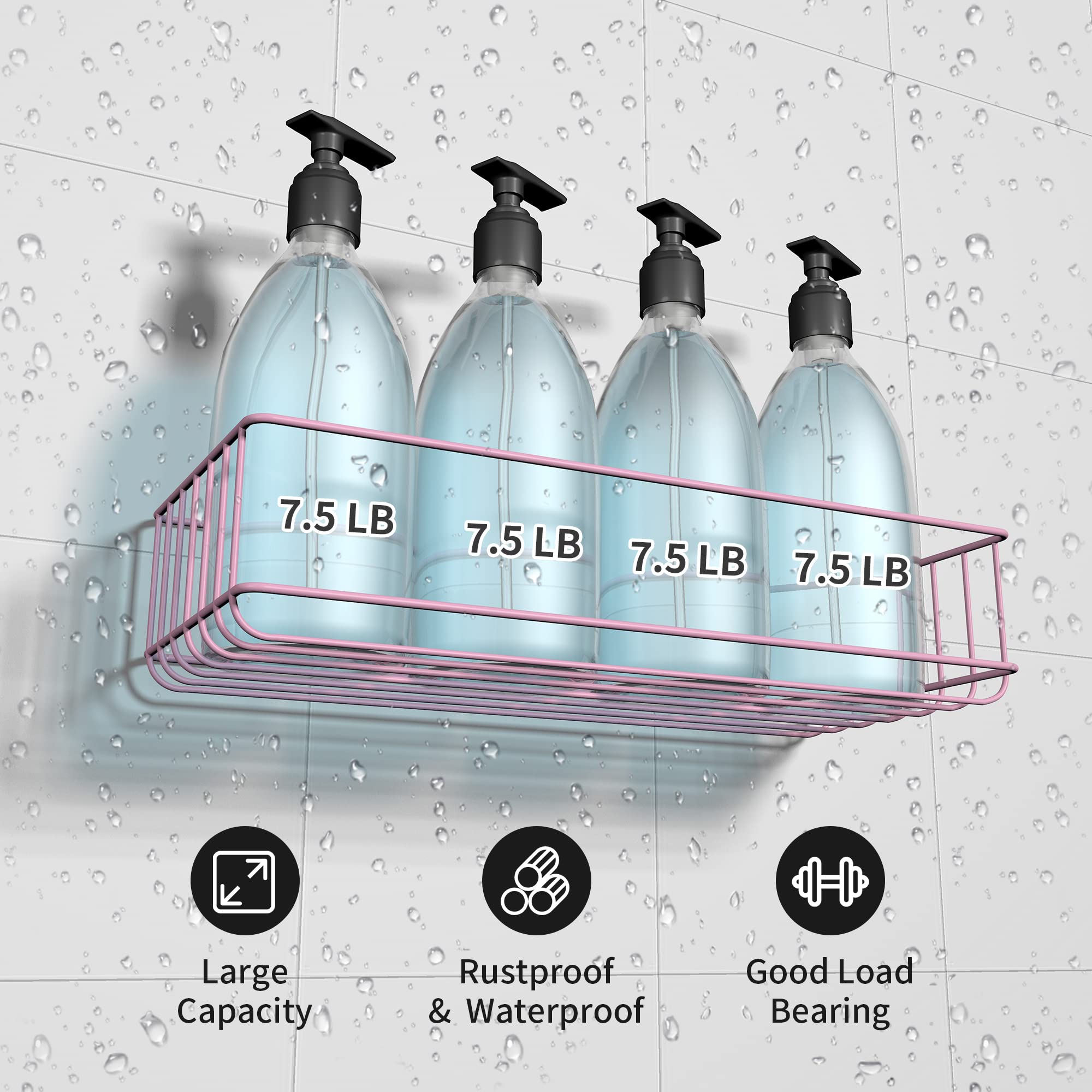 TONLEA Shower Caddy, Shower Organizer for Bathroom, 2-Pack Rustproof Stainless Steel Shower Shelves with Hooks for Bathroom Storage, Adhesive or Drilling Kitchen Organization, Pink