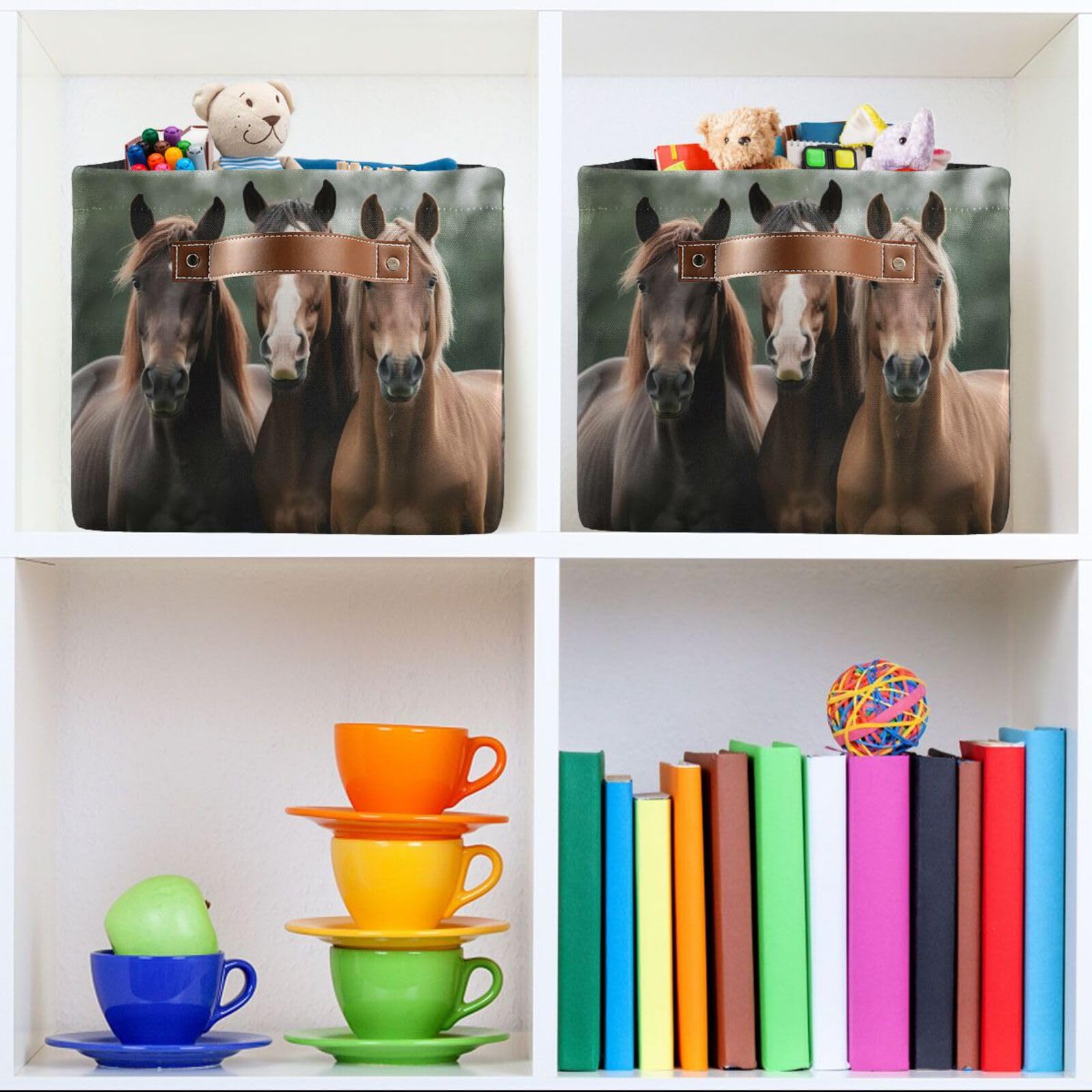 STAYTOP Large Storage Basket Collapsible Toy Storage Bins Waterproof Laundry Basket with Handle.Used for Home Closets, Offices, Bedrooms, Kids Toy and Gift Baskets-Cute Horses(Rectangular)1PCS