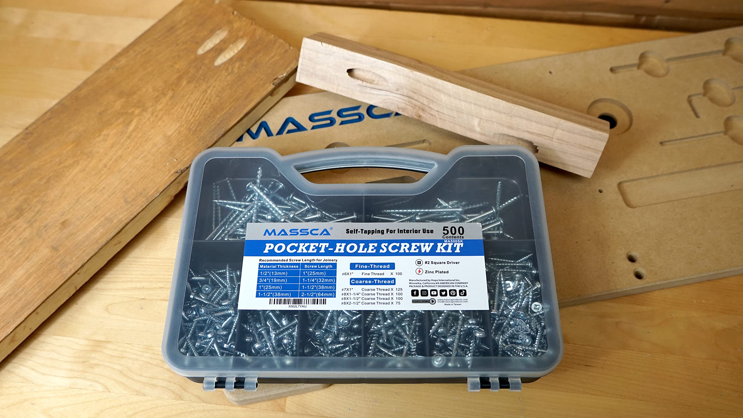 Massca Wood Screws Assortment Kit - Pocket Hole Screws with Plastic Storage Box, 500 Set Screw Assortment Kit Heavy Duty, Fine Thread, Zinc Plated Set Screws for Woodworking, Varying Lengths
