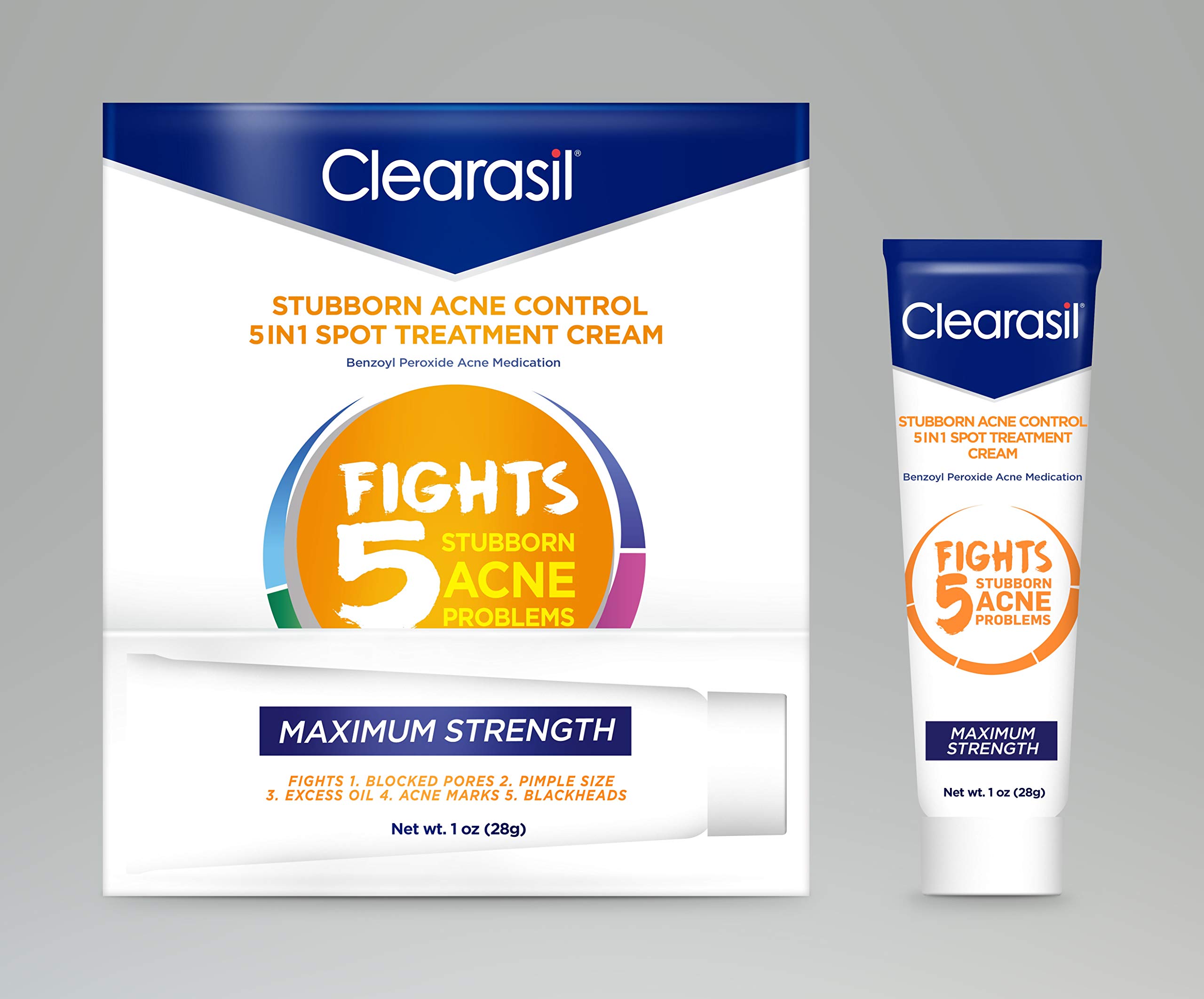 Clearasil Stubborn Acne Control 5 in 1 Spot Treatment Cream, Maximum Strength, Benzoyl Peroxide Acne Medication, Fights Blocked Pores, Pimple Size, Excess Oil, Acne Marks & Blackheads, 1 oz.