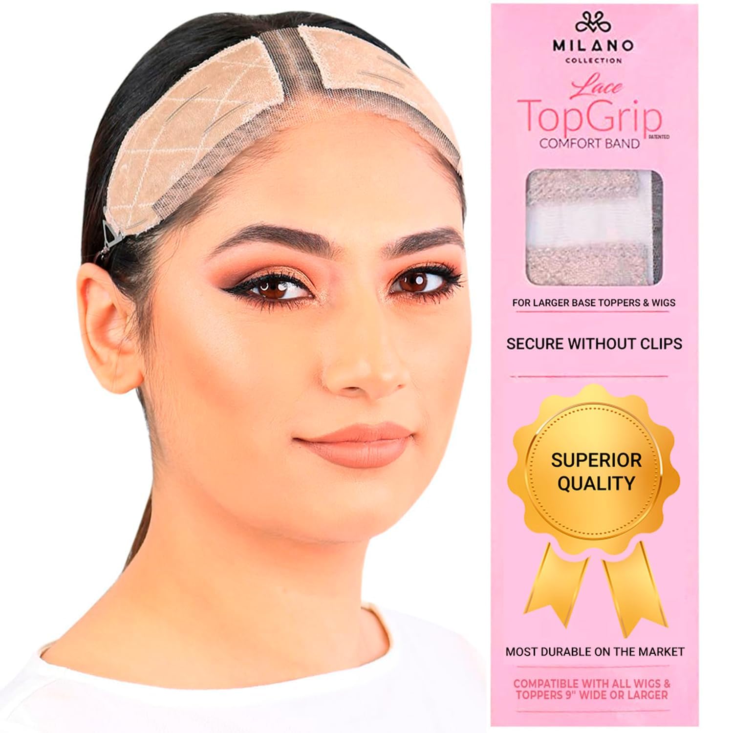MILANO COLLECTION Lace Top Grip Comfort Band for Toppers Hair & Wiglets, Non-Slip & Glueless Velvet Wig Band for Large Base Hairpieces, Adjustable Top Grip for Hair Topper & Wigs, Beige, Large