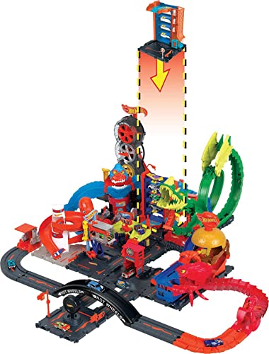 Hot Wheels City Toy Car Track Set Downtown Car Park Playset with 1:64 Scale Vehicle, 4 Levels, Working Lift & Exit Chute