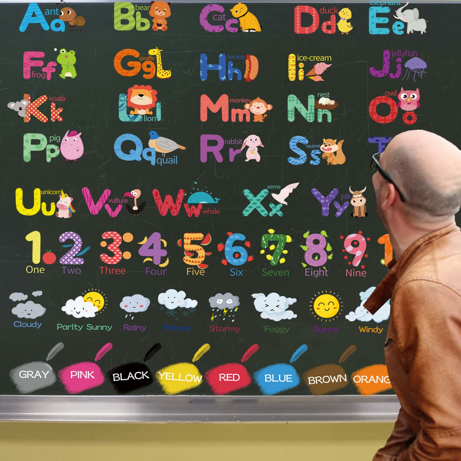 6 Sheets Colorful Alphabet Number Wall Decals Weather Learning Educational Wall Decals Peel and Stick Alphabet Wall Stickers Educational Classroom Stickers for Kids Playroom Bedroom Wall Stickers