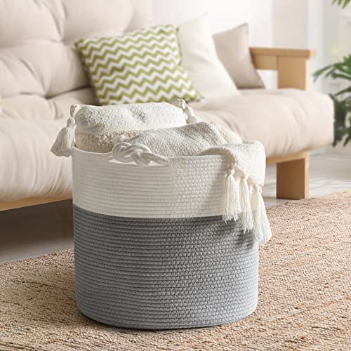 Goodpick Cotton Rope Basket with Handle for Baby Laundry Basket Toy Storage Blanket Storage Nursery Basket Soft Storage Bins-Woven Basket, 15'' × 15'' × 14.2''