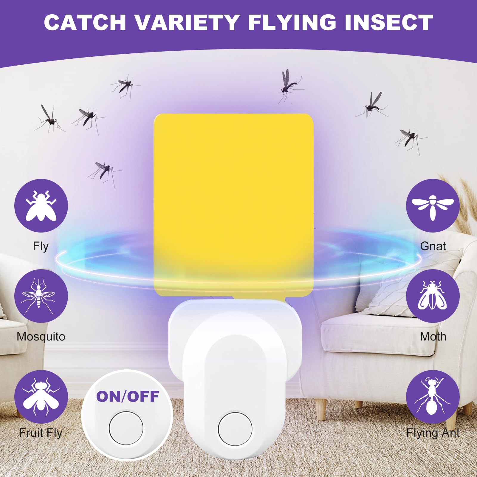 Flying Insect Trap Plug-in Indoor with 20 Sticky Refills Pad(2-Pack), Fruit Fly Trap Gnat Killer,Bug Catcher Mosquito,Safe Non-Toxic UV Light Attractant Night Light Fly Trap