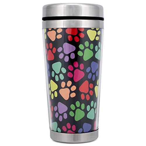 Elanze Designs Colorful Paw Prints on Black 16 Oz Stainless Steel Travel Mug
