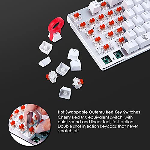 HUO JI 60% Mechanical Gaming Keyboard, E-Yooso Z-88 with Red Switches, Rainbow LED Backlit, Compact 81 Keys Hot Swappable, Silver and White