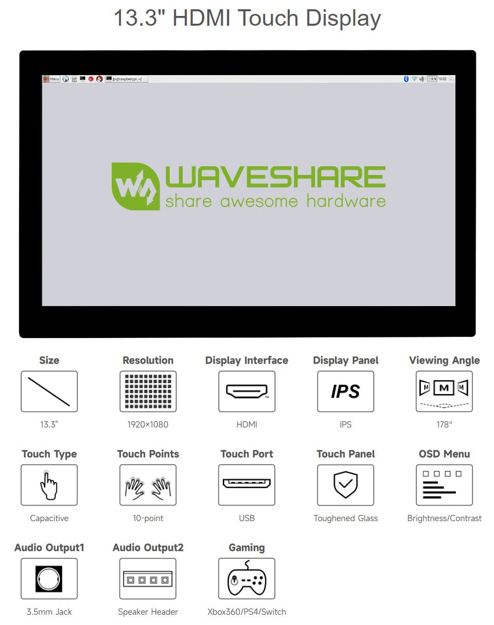waveshare 13.3inch Capacitive Touch Screen LCD Compatible with Raspberry Pi 4B/3B+/3A+/2B/B+/A+/Zero/Zero W/WH/Zero 2W CM3+/4 1920×1080 Resolution HDMI IPS Supports Jetson Nano/Windows