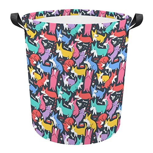 Funny Cute Colorful Corgi Dogs Pattern Foldable Laundry Basket Waterproof Hamper Storage Bin Bag with Handle 16.5"x 16.5"x 17"