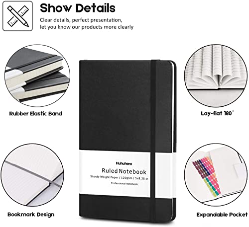 Huhuhero Journal Notebooks, College Ruled Notebook, Premium Thick Paper Lined Journal, Black Hardcover Notebook for Office Home School Business Writing Note Taking Journaling, College School Supplies 5"×8.25" (5, Black)