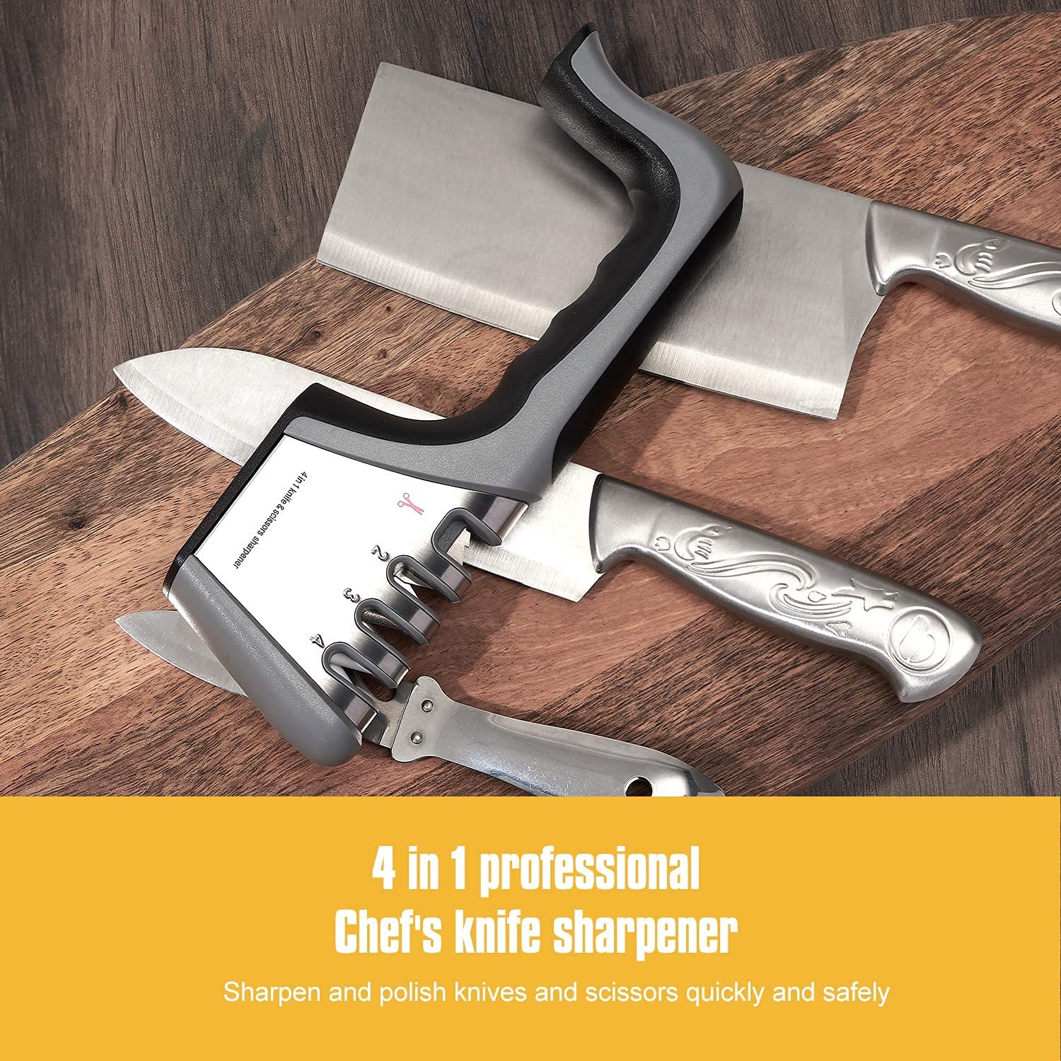4 IN 1 Knife Sharpener, 4-Stage Knife Sharpening Tool Multifunctional Kitchen Knife Scissor Sharpener with the Diamond, Ceramic, and Tungsten Steel Rod
