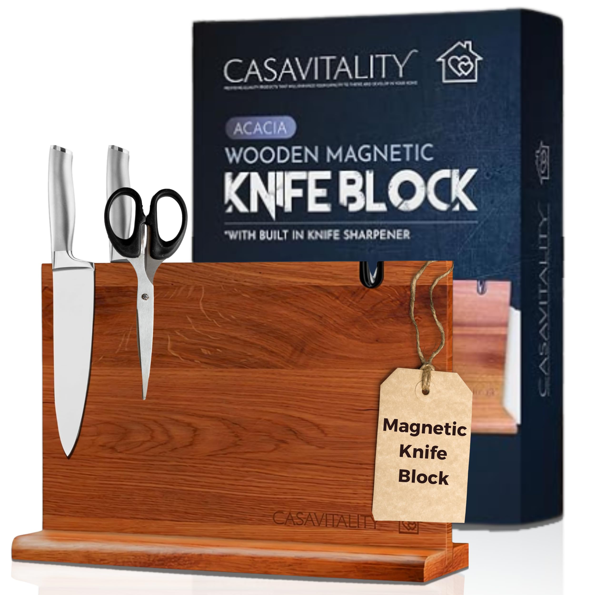 Acacia Wood Magnetic Knife Block 14 x 10" - Double Sided Magnet Knife holder - Magnetic Knife Board W/Knife Sharpener - Knife Holder for Kitchen Counter - Detachable Knife Display Stand