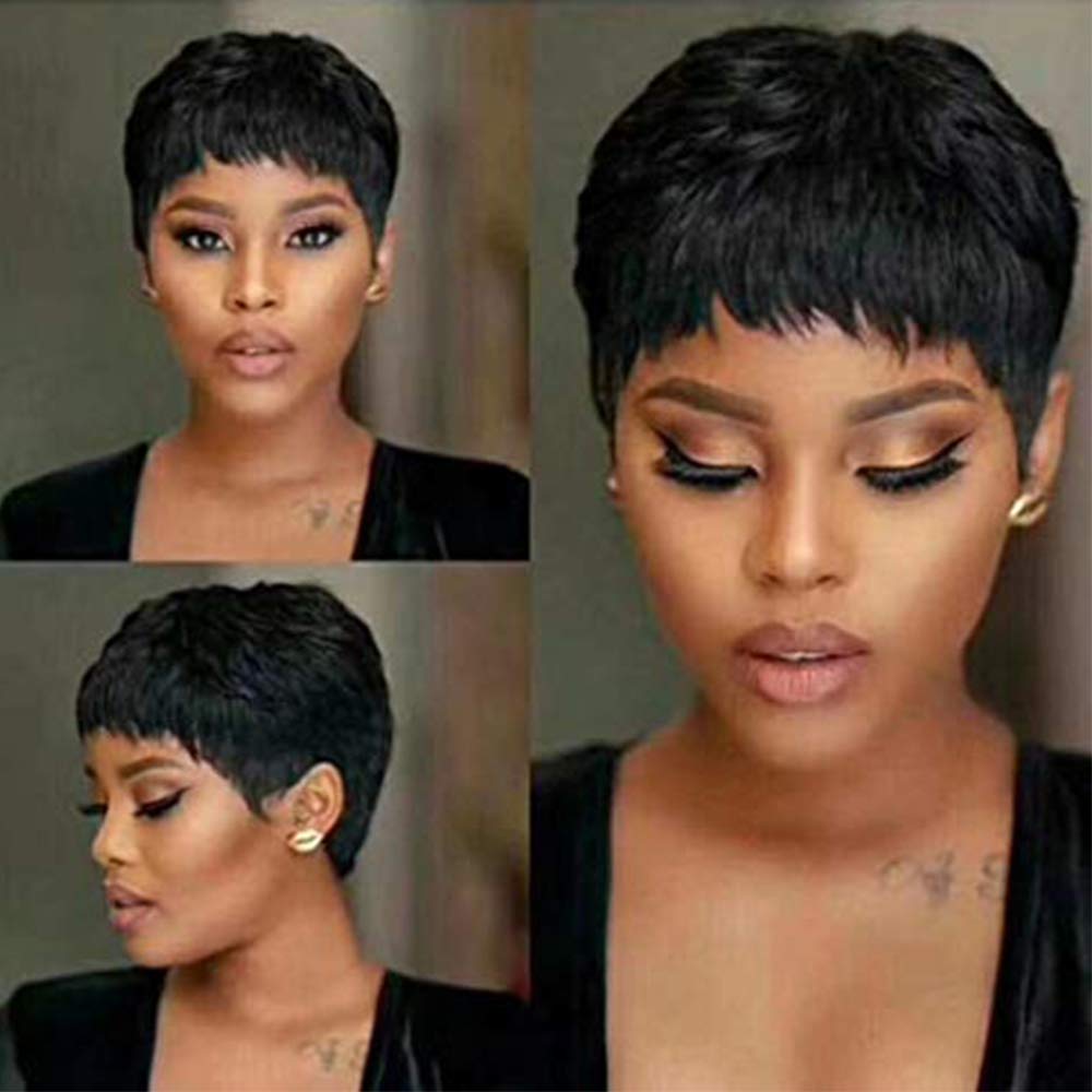 VRVogue Pixie Wigs Short Black Wavy Layered Short Human Hair Wigs for Black Women (1B#)