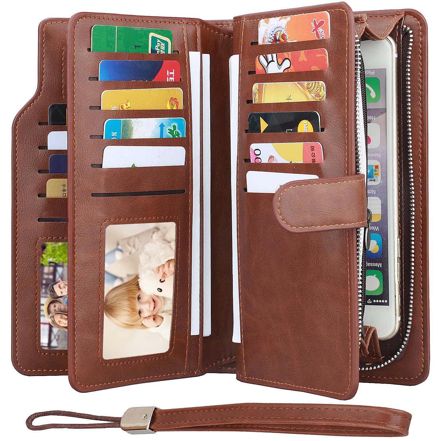 Coolstar Wristlet Wallets for Women Men's Clutch Wallet Large Capacity Leather Purse Business Credit Card Holder (2-Dark Brown)
