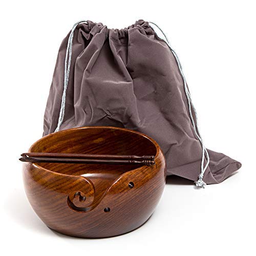 Eunoia Wooden Yarn Bowl Holder | Handmade Knitting Wool Storage Basket with holes for Knitting, Crocheting, Home & Garden Arts, Crafts & Sewing | Free Wood Crochet Hook & Travel Bag - 6" x 3"